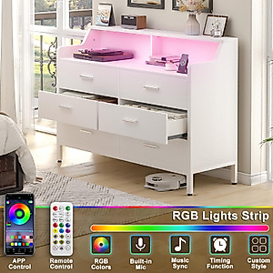 Hyomdeck 6 Drawer Dresser for Bedroom, Wooden Chest of Drawers with Power Outlets and Smart LED Light, Sturdy Modern Bedroom Furniture, Wide Storage Dresser for Living Room, Closet, Entryway, White