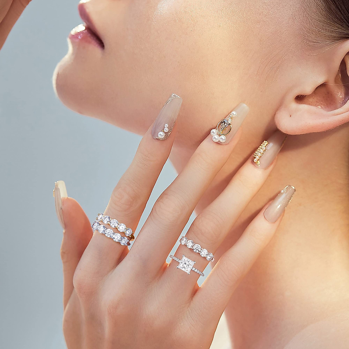 Moissanite 5 Stone Rings for Women, 3.75MM D Color VVS1 Clarity Conflict-Free Lab Created Diamond Anniversary Rings 14K Yellow Gold Filled Solid S925 Sterling Silver Moissanite Wedding Band for Women