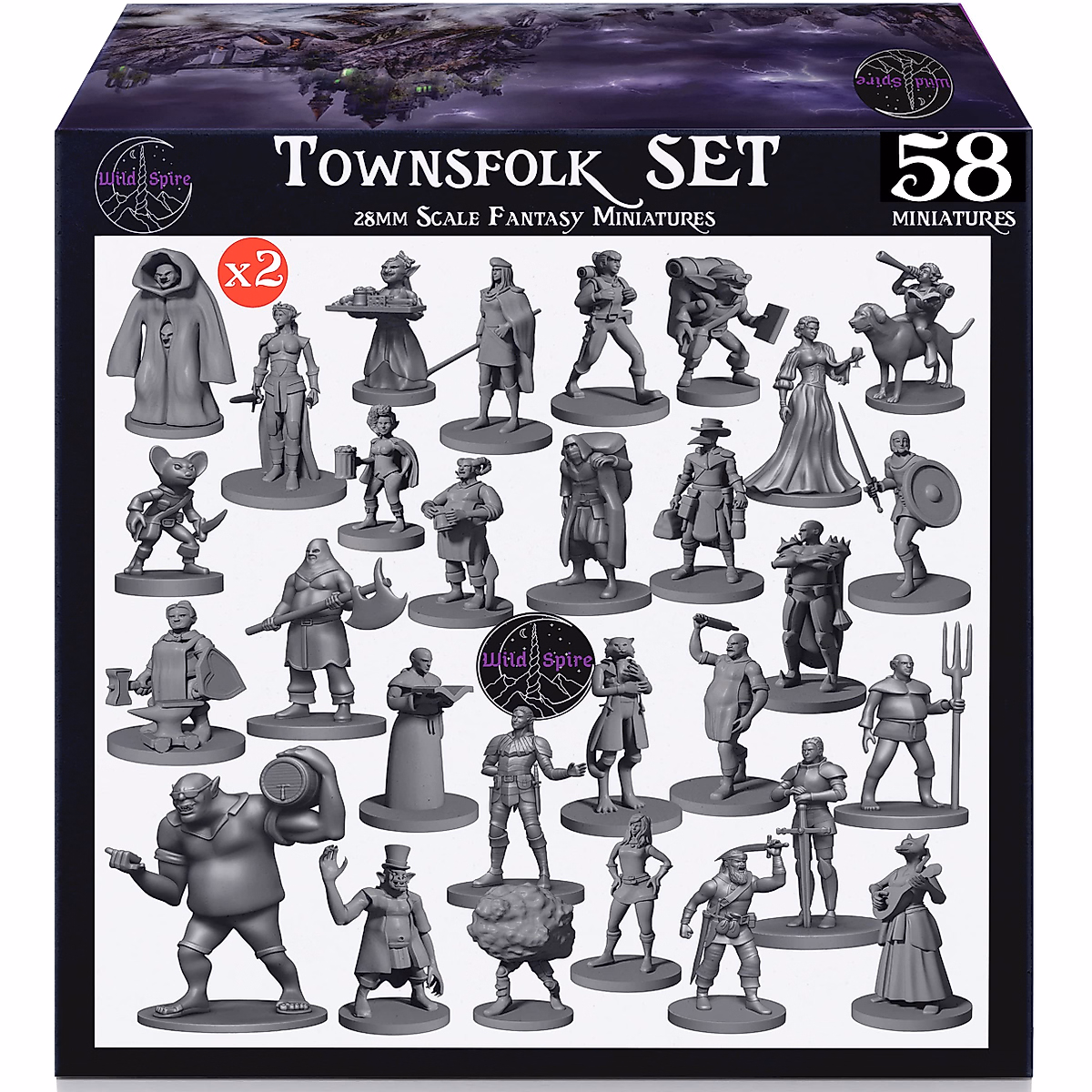 Newcombie Wildspire 58 Fantasy Miniatures Set Townsfolk Characters for DND Miniatures Bulk 28mm Dungeons and Dragons Miniatures | for DND Minis and D&D Miniatures I Character Sheets & Quests