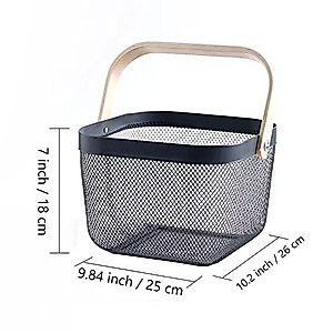 HOJKMA Mesh Steel Storage Organizer Basket, Multi-Functional Metal Wire Hanging Kitchen Baskets Fruit Basket with Bamboo Handle Ideal for Kitchen, Bathroom, Pantry, Cabinet Home, Shopping, Grey