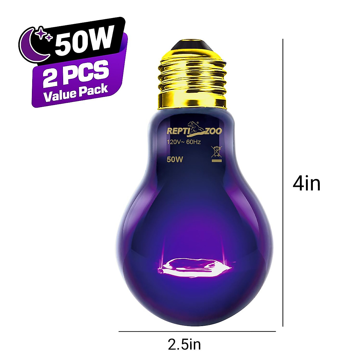 REPTIZOO 2PCS Reptile Night Heat Lamp, 50W Moonlight Heat Bulb Infrared Heating Lamp Purple Reptile Heat Lamp Night Bulb for Bearded Dragon, Lizard, Snake, Turtle