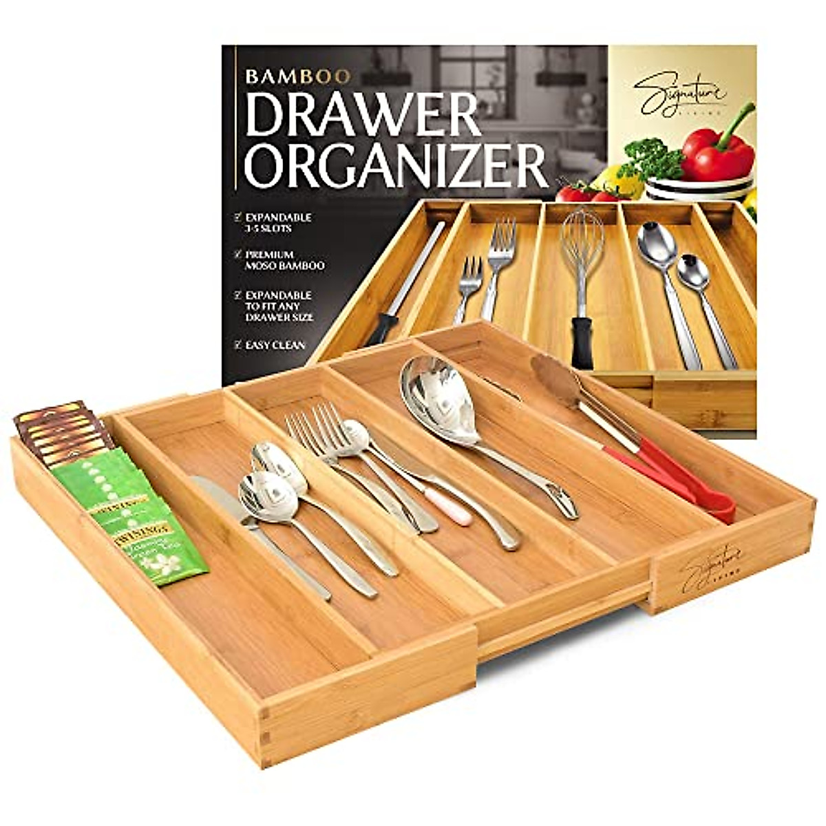 Signature Living Bamboo Expandable Utensil Drawer Organizer, Premium Bamboo for Cutlery, Flatware, Silverware - Drawer Dividers for Easy Storage