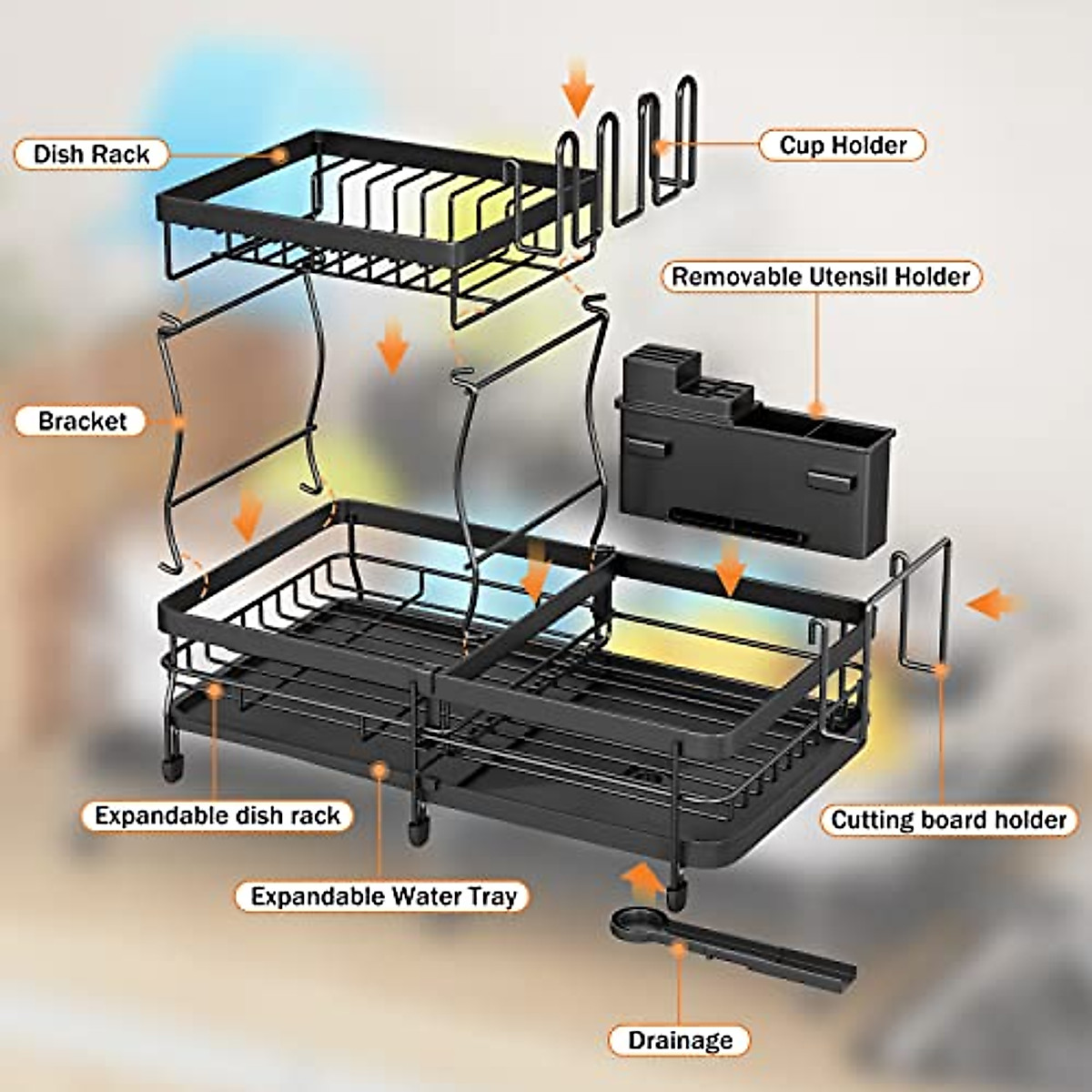 YKLSLH Expandable Dish Drying Rack , 2 Tier Large Drying Rack for Kitchen Counter with Drainboard, Glass Holder, Utensil Holder-Dish Drainers (Black)