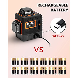HILDA 4x360°Laser Level 16 Lines Green Line Laser Self Leveling with Alarm, 2x360° Vertical and 2x360°Horizontal laser level, Rechargeable Li-ion battery, for Indoor and Outdoor Construction (AM04)
