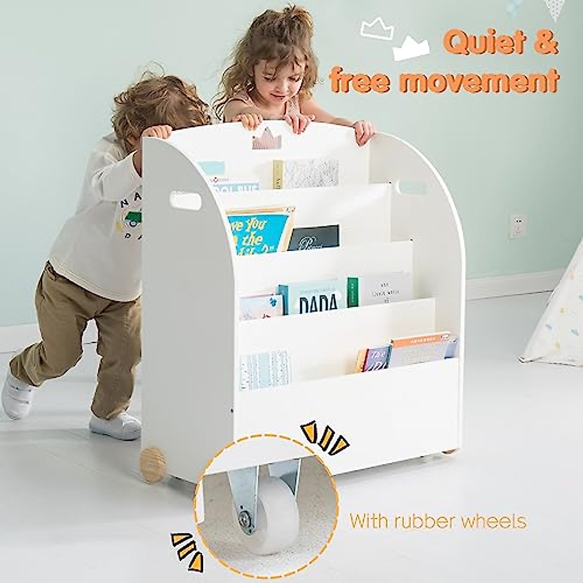 Kid Bookshelf with Wheels, White Wood Bookshelf Display Stand for kids 1 Year Up, Baby Book Shelf/Child Bookshelf/Toddler Bookshelf/Kid Book Display/Book Shelf Case Organizer kid wooden