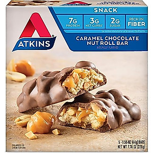 Atkins Caramel Chocolate Nut Roll Snack Bar, Protein Snack, High in Fiber, 2g Sugar, 30 Count