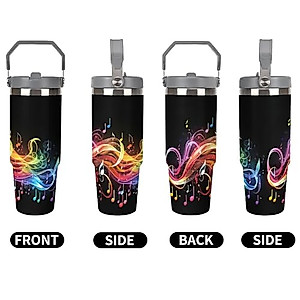 BWQJKUO Large Capacity Car Cup 30 Oz Stainless Steel Rainbow Musical Note Melody Printed Travel Mug Leak-proof Flip Straw Tumbler with Handle,keeps Cold Or Ho