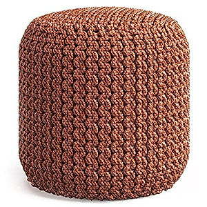 Pemberly Row Round Pouf Ottoman, Small Hand Knitted Hassock Footrest for Living Room, Cotton Woven Bean Bag Foot Stool for Couch, Orange Cloth Puff Chair for Floor, 18"x18"x18"