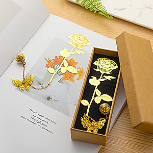 4 Pack Metal Golden Rose Bookmarks Flower Bookmark Cute Bookmarks with 3D Butterfly Pendant Chain and Box Teacher Mom Appreciation Birthday Gifts for Reader Book Lover