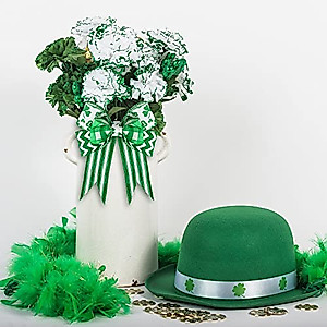 Whaline 4 Rolls St Patrick's Day Wired Ribbon Plaid Shamrock Stripe Crease Ribbon Linen Like Polyester Green White Irish Wrapping Ribbon for Home Birthday Craft Decoration Gift Bow, 2inch x 5 Yards