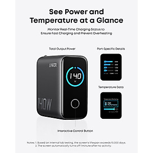 Anker Laptop Charger, 140W USB C Charger, 4-Port Multi-Device Fast Charging, Advanced GaN Power Adapter, Intuitive Touch Controls, for MacBook, iPhone 16 Series, Samsung Galaxy, Pixel, and More