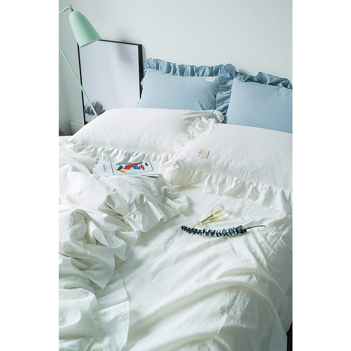 4 Pieces Vintage Stone Washed Cotton Bedding Sets Girls Princess Ruffle Duvet Cover Pillowcases Full Queen Size Bed Sheets White/Pink/Sage Green/Grey (41YS-1-White, Queen Size 4pcs)