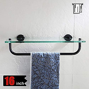 JQK Bathroom Glass Shelf, Shelf with 15 Inch Towel Bar Tempered Glass Shower Storage 16 by 5 inches, 304 Stainless Steel Matte Black Wall Mount, TGS100-PB
