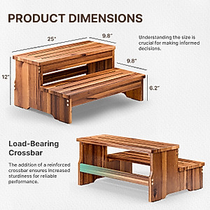 TINAMO 25" Long Step Stool for Adult & Kid - Wooden Two Step Stool 500 Lbs - Riser 2-Step Spa & Hot Tub Stairs for Pool - Heavy Duty 2 Step Stools for Bed, Kitchen, Indoor/Outdoor (Acacia Wood)
