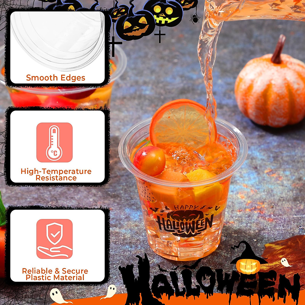 Sliner 60 Pcs 12oz Halloween Cup Happy Halloween Clear Disposable Plastic Cups Bat Ghost Spider Halloween Party Supplies for Cold Drink Beer Ice Cream Beverage Snacks Party Decoration