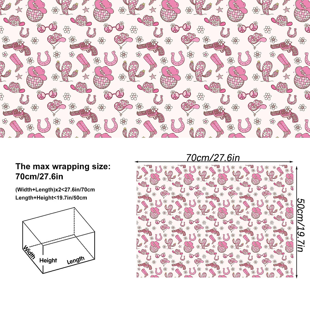 Vnaaem Western Cowgirl Wrapping Paper 6 Pcs Pink Disco Cactus Cow Boots and Hat Patterns for Girls Music Fans Women Birthday Baby Shower Party DIY Crafts Gift Packing 19.6 X 27.8 Inch