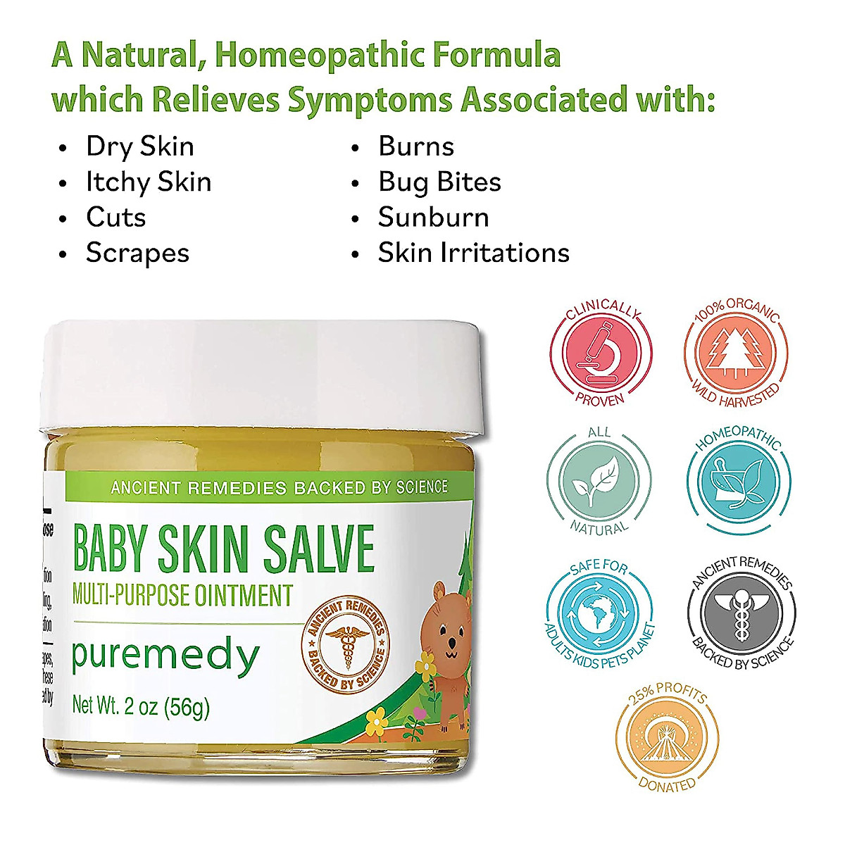 Puremedy Baby Skin Salve Multi Purpose Ointment All Natural Healing Homeopathic First Aid to Relieve Symptoms of Diaper Rash Dry Flaky Skin Bug Bite & Skin Irritations - 2 oz