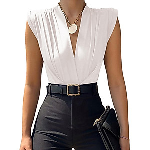 LYANER Women's Wraped V Neck Ruched Sleeveless Tank Leotard Bodysuit Tops White Small