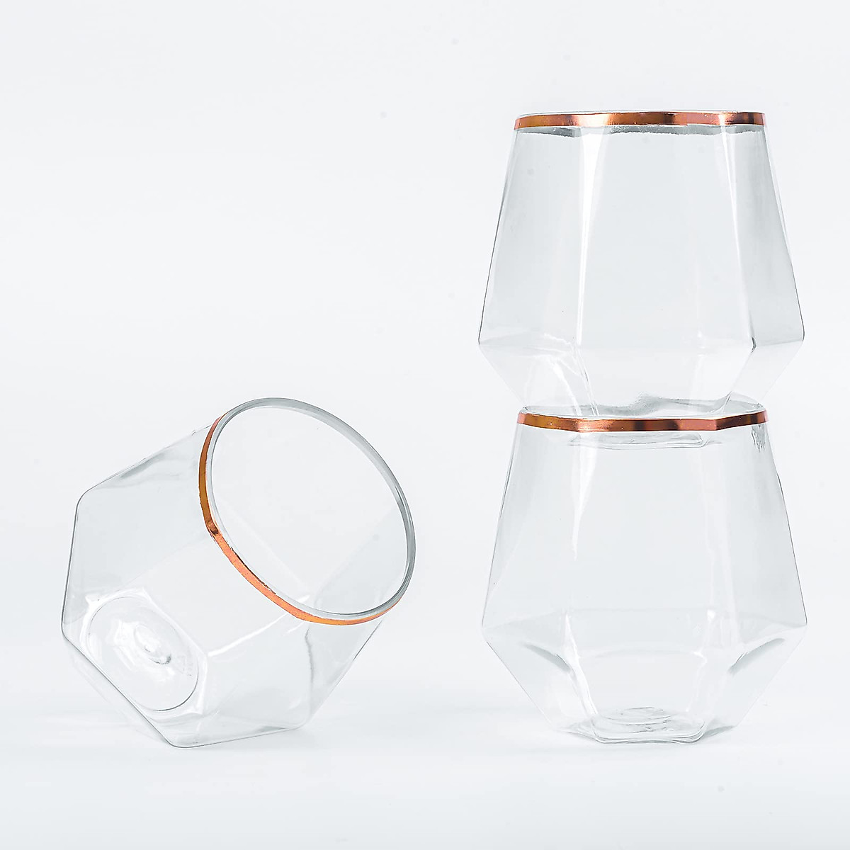 KARRAPAR Plastic Wine Glasses 30 Pcs 12 Oz Clear Diamond Shaped Stemless Rose Gold Rim Disposable Cups For Party Shatterproof Reusable Whiskey Cocktail Tumbler Unbreakable Glass