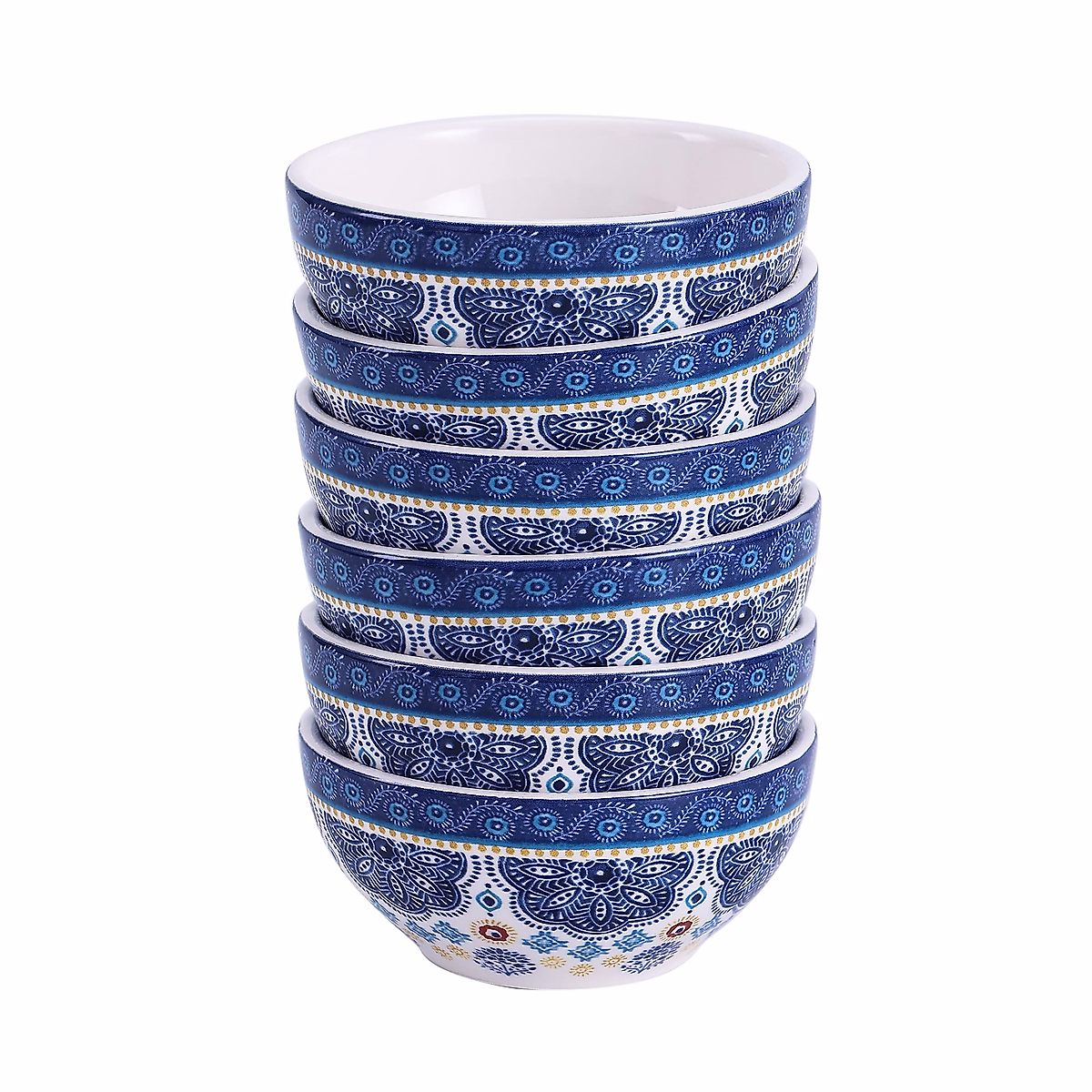 Bico Blue Talavera Dessert Bowls Set of 6, Ceramic, 12oz, for Ice Cream, Salad, Cereal, Dipping Sauce, Microwave & Dishwasher Safe