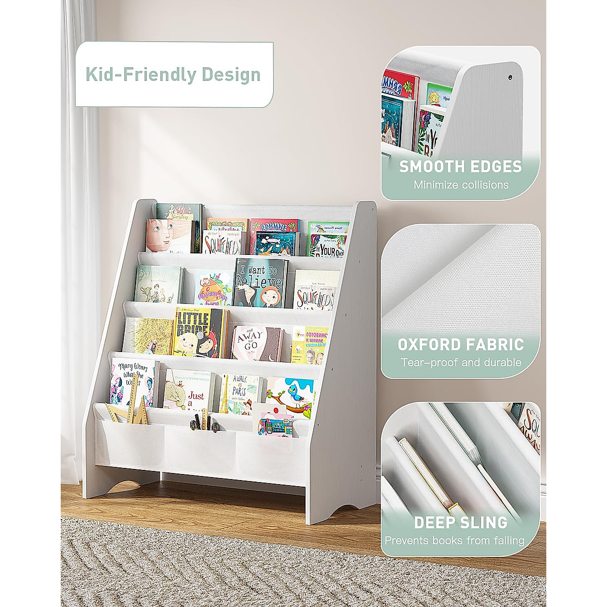 SEIRIONE Sturdy Kids Bookshelf, Book Shelf for Kids Room with Tear-Proof Oxford Sling, Eco-Safe Toddler Bookshelf, Childrens Bookshelf with Ideal Height for Quick Book Access, White/Wood Texture