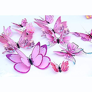 Somotersea 24PCS 3D Butterfly Wall Decals Removable Butterfly Decor for Girls Stickers Kids Bedroom and Room Decoration Art Mural Double Wings Pink