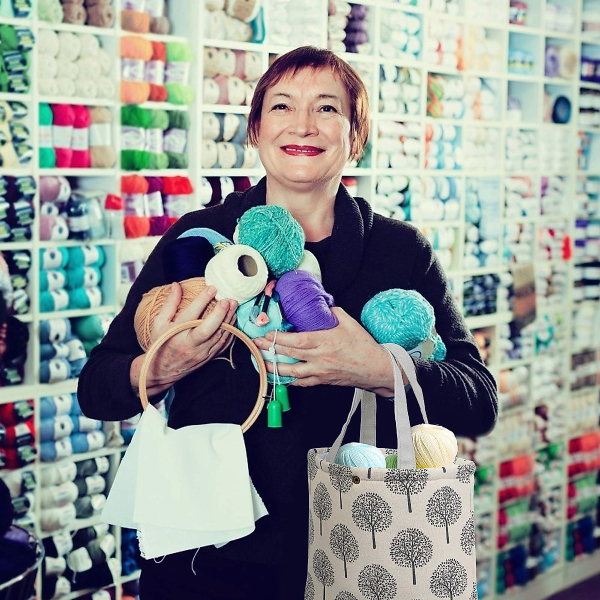 Wusteg Knitting Tote Bag with Button Portable Yarn Storage Bag Canvas Knitting Bag for Yarn Skeins Crochet Hooks Knitting Needles and Other Small Accessories