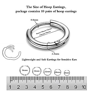 BOUTIQUELOVIN 10 Pairs Stainless Steel Hoop Earrings for Men Small Black Hoop Earrings Set Mens Hypoallergenic Huggie Hoops Earing
