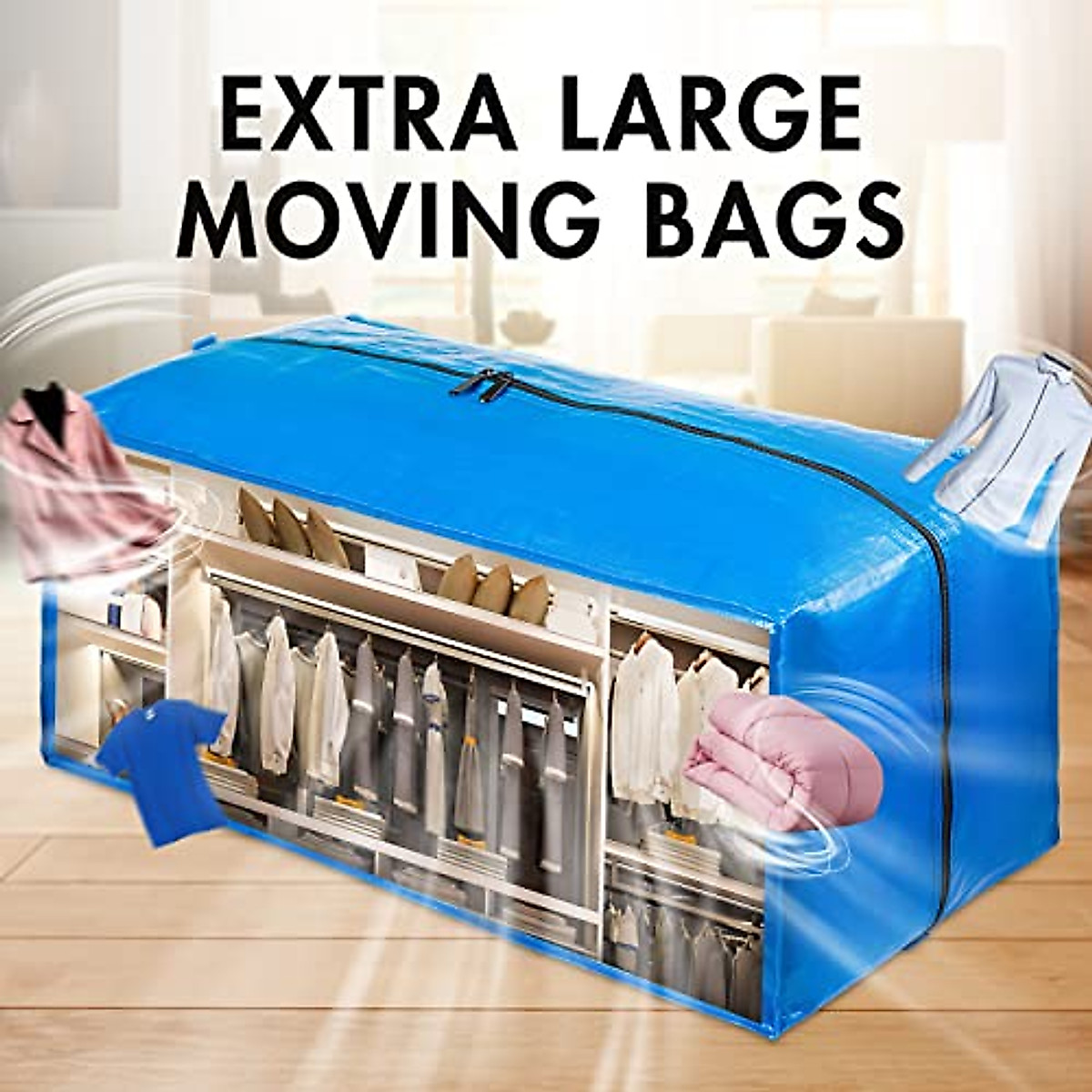 TAILI Heavy Duty Moving Bags, Clothing Storage Bags with Sturdy Zipper and Strong Handles, Blue Clothes Storage Bins, Extra Large Tote Bag for Moving Supplies, Better than Moving Boxes (4-Pack)