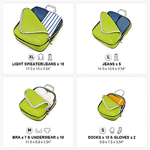 Gonex Compression Packing Cubes, 4pcs Expandable Storage Travel Luggage Bags Organizers (Green)