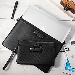 Nezyo Fireproof Safe Money Document Bag with Lock 2 Pcs Notary Journal Bag Waterproof Bag with Zipper for A4 Storage Pouch File Passport Tablet, 14 x 10 Inch and 6.7 x 10 Inch(Black, Horizontal)