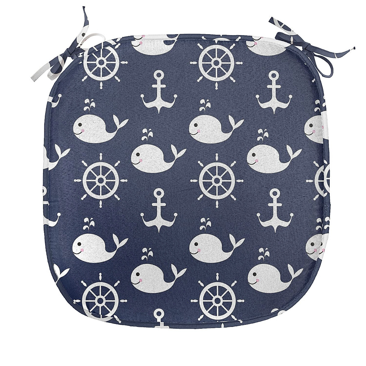 Ambesonne Navy Blue Chair Seating Cushion, Maritime Pattern with Whales Helms Anchors Nautical Elements Deep Sea Life, Anti-Slip Seat Padding for Kitchen & Patio, 16"x16", Navy Blue White