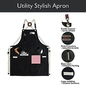 Stenffy Handmade Work Aprons,Cotton Canvas Aprons,Multiple Pockets,Adjustable Cross Back Weight Apron,BBQ,Cafe,Chef,Carpenter Apron,Aprons for Men&Women,Sizes M to XXL,Black Apron