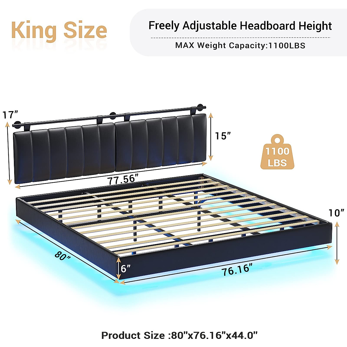 DICTAC Floating King Bed Frame with RGB LED Lights Modern Upholstered King Size Led Bed Frame with Wall Mounted Headboard,No Box Spring Needed,White