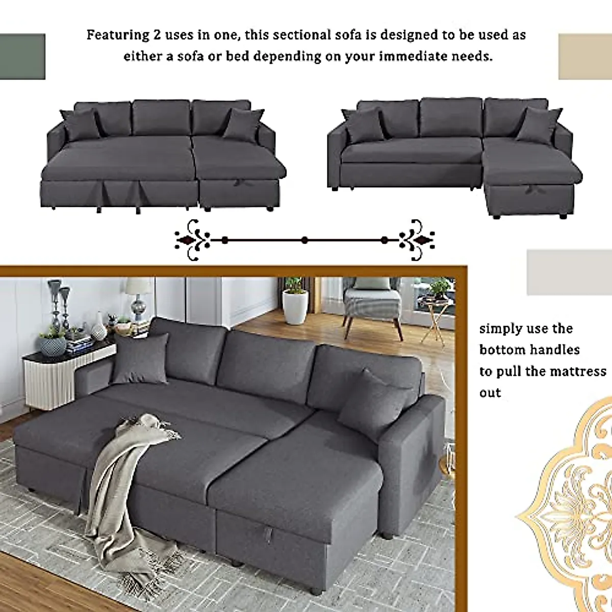 EMKK Double Chaise Lounge Floor 72 inch Sofa Couch Mid-Century Loveseat with 2 Pillows Tufted Love Seat Modern for Living Room, Bedroom, Office, Apartment, Dorm, Studio and Small Space, Gray Style