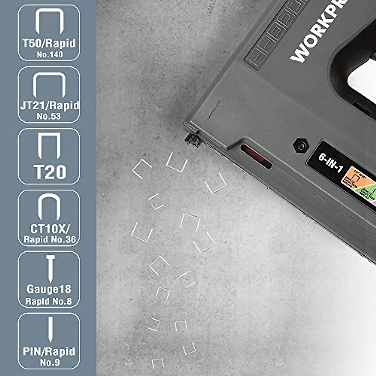 WORKPRO 6 in 1 Cordless Staple Gun, 3.6V Rechargeable Electric Stapler, Charger Included, Staples Excluded