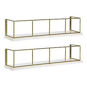 Kate and Laurel Benbrook 18-inch 2-Pack Wood and Metal Floating Wall Shelves, White and Gold