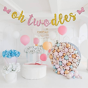 INNORU Oh Twodles Banner - Happy 2nd Birthday Party Decor for Girls - Cartoon Mouse Theme 2nd Birthday Party Decorations Supplies, Pink & Gold Glitter