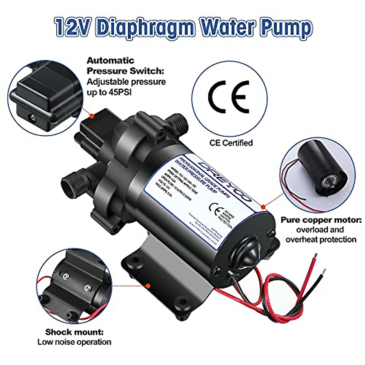 12V Diaphragm Water Pump with Pressure Switch, 3.5 Gpm 45 Psi 12 Volt Pump Self Priming with 50 Mesh Strainer Filter And 2 Hose Clamps, Automatic Water Pump for RV, Garden Hose Booster, Sprayer