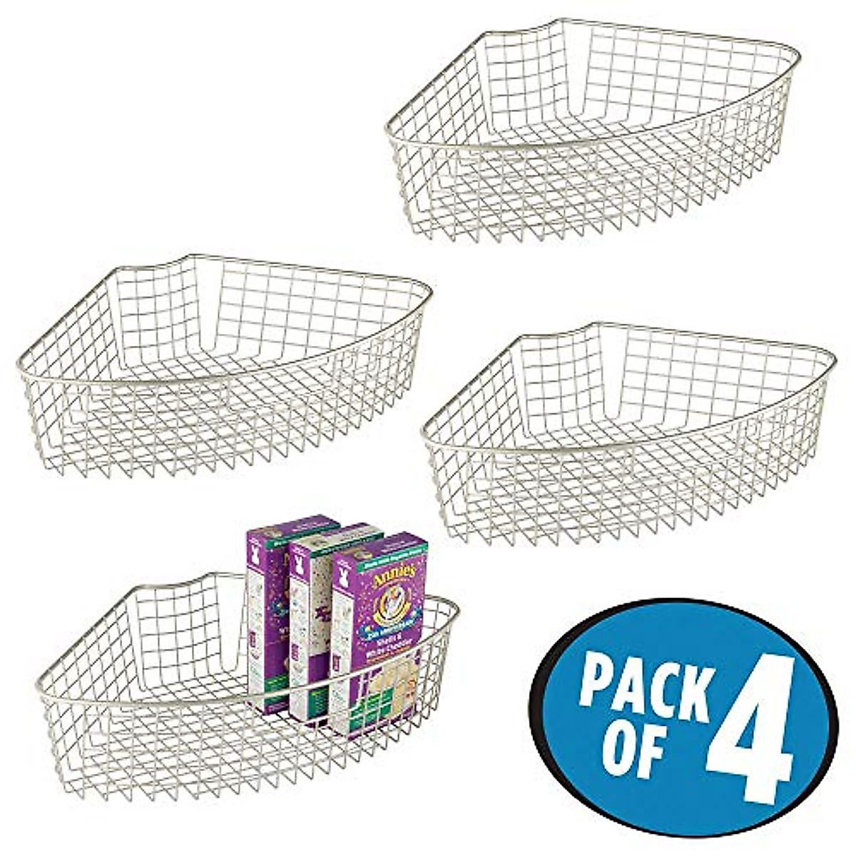 mDesign Wire Basket for Corner Cabinet Lazy Susan with Front Handle - Kitchen Cabinet, Shelf, and Pantry Corner Bin - 1/4 Wedge Metal Organizer for Lazy Susan - Concerto Collection - 4 Pack - Satin