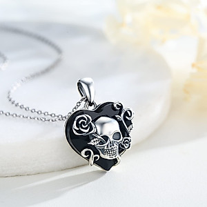 TRISHULA Skull Necklace, 925 Sterling Silver Rose Skull Pendant with Austrian Black Heart Crystal Gothic Skull Horror Jewelry Gift for Women Halloween Mother's Day