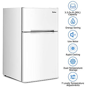 COSTWAY Compact Refrigerator, 3.2 cu ft. Unit 2-Door Freezer Cooler Fridge with Reversible Door, Removable Glass Shelves, Mechanical Control, Recessed Handle for Dorm, Office, Apartment (White)