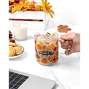 Nefelibata Fall Pumpkin Glass Mug 15 Oz Clear Cup With Handle, Large Espresso Iced Coffee Cup Hot Beverage Cappuccino Tea Drinking Glassware Autumn Decor for Coffee Bar Halloween Thanksgiving Gift
