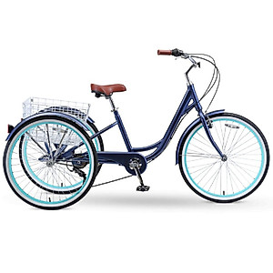 sixthreezero Body Ease 26 Inch 7-Speed Adult Tricycle with Rear Basket, Navy