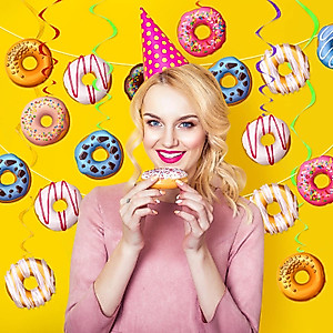 34 Pcs Donut Party Decorations Include 2 Pcs Donut Garland Banner and 32 Pcs Donut Hanging Swirl Party Supplies for Birthday Baby Shower Grow Up Party Favors