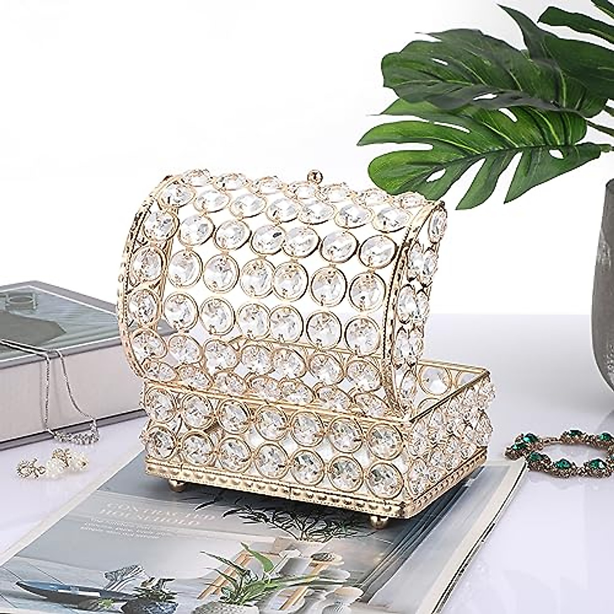 Hipiwe Crystal Jewelry Box Large Gold Treasure Chest Box with Lid Mirrored Trinket Organizer Keepsakes Box Earrings Rings Holder Decorative Jewelry Box Christmas Birthday Gift for Women Girls