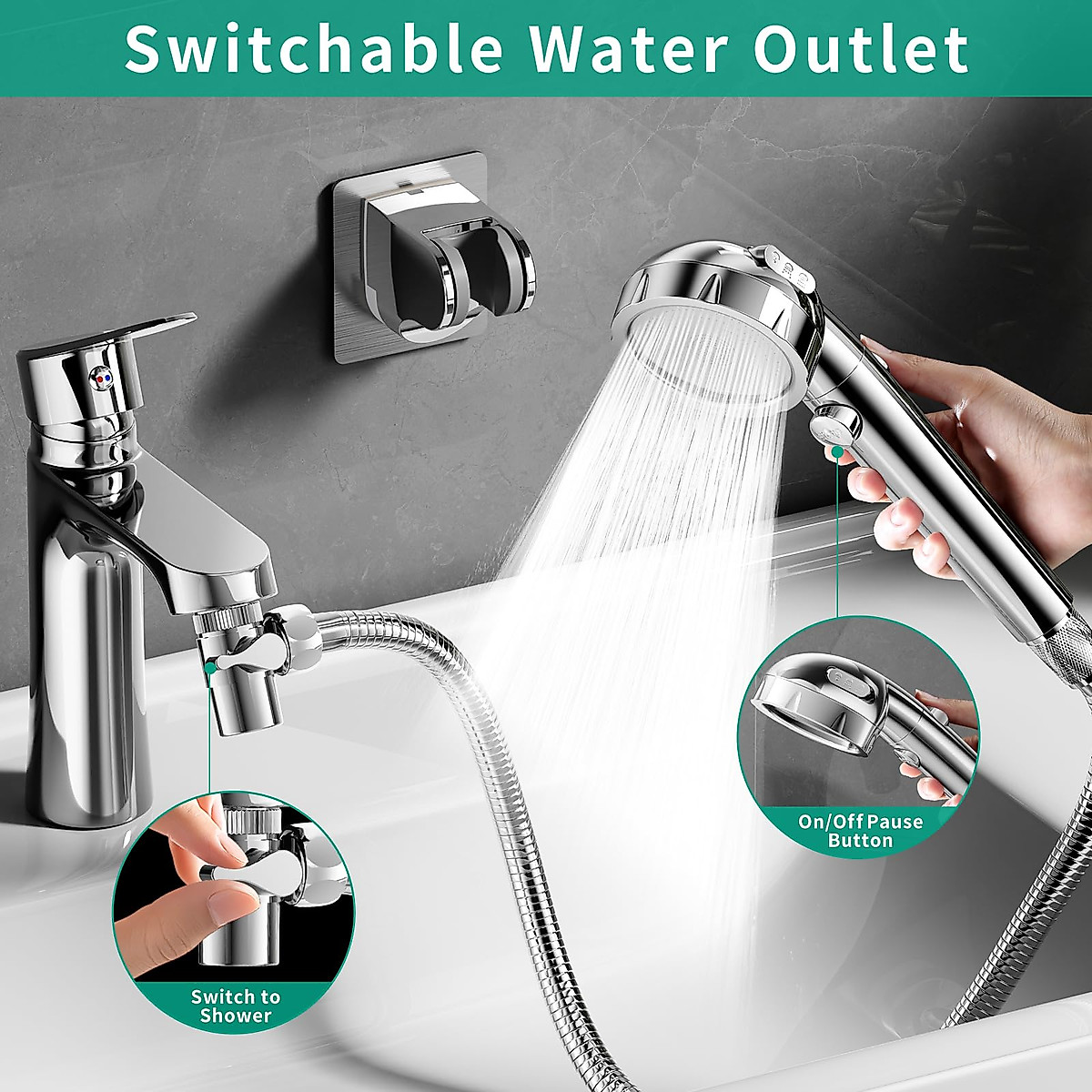 HEROBAI Sink Hose Sprayer Attachment for Faucet, 3 Mode Shower Head Attaches to Tub Faucet with 5 Adapters, High Pressure Shower Head for Bathtub, Handheld Showerhead with Filter (Chrome)