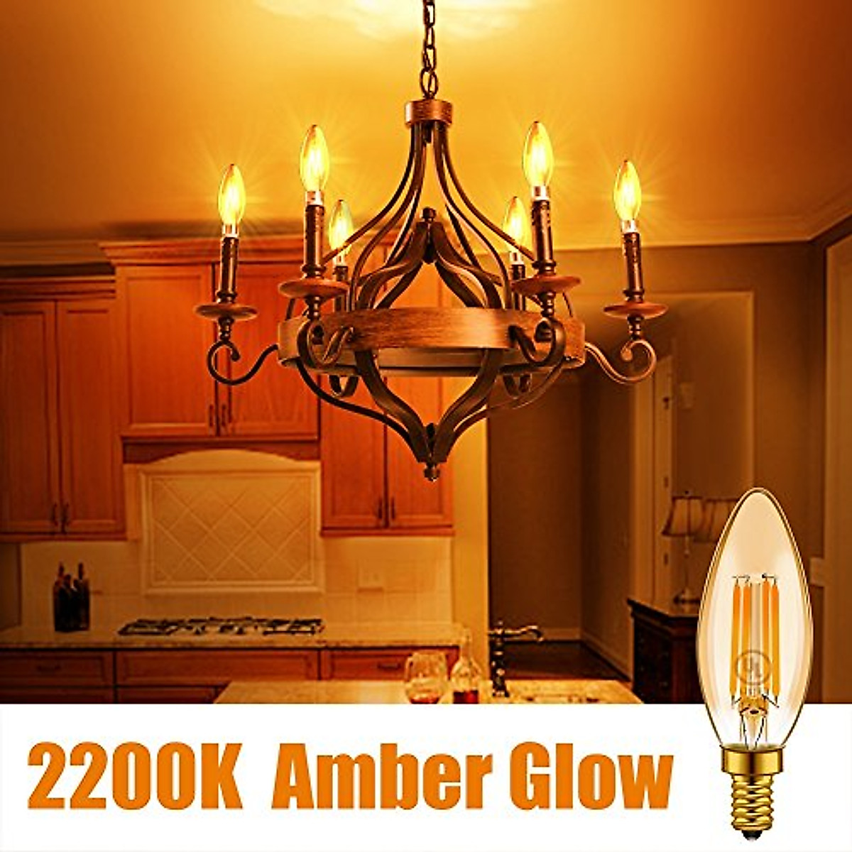 Emotionlite LED Light Bulbs, Dimmable Candelabra Bulbs, E12 Base, Amber Yellowish, Chandelier Light, Ceiling Fan Bulb, 40W Equivalent, 4W, 2200K, 350LM, UL Listed, 6 Pack