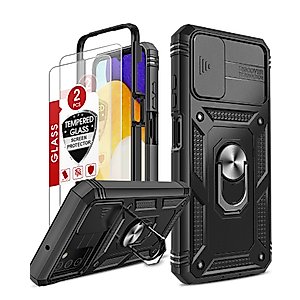 LeYi Compatible for Samsung Galaxy A03s Phone Case: Galaxy AO3s Phone Case with Slide Camera Cover + [2 Packs] Screen Protector, 360 Full Body Military-Grade Phone Case with Kickstand for A03s, Black