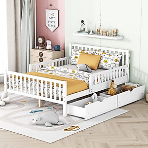 Full Bed Frame with Storage Drawers and Fence Rails, Wood Platform Beds with Headboard and Slat Support for Kids Boys Girls Teens, No Box Spring Needed, Full Size, White